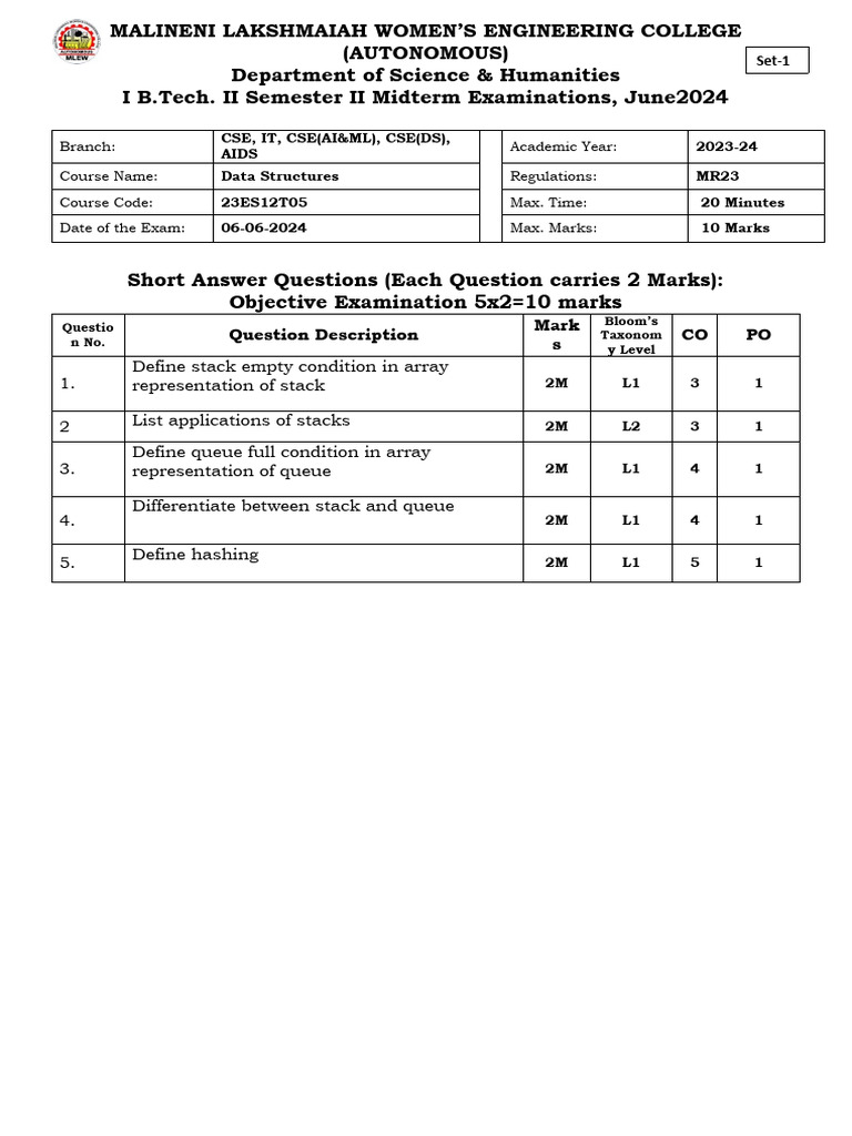 DS Mid-2 Q Paper Set-1 Final | PDF | Computing | Computer Science