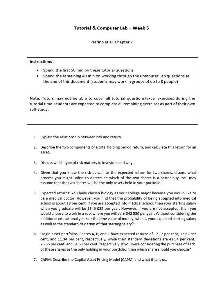 Acst6003-Week5 Tutorial | PDF | Capital Asset Pricing Model | Financial ...