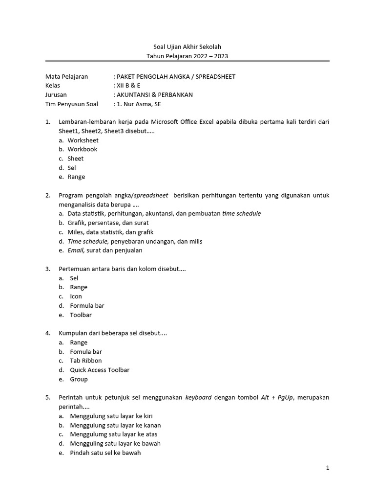 2023 Soal Ujian Akhir Sekolah Spreadsheet | PDF