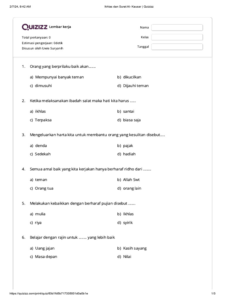 Ikhlas Dan Surat Al - Kausar - Quizizz | PDF