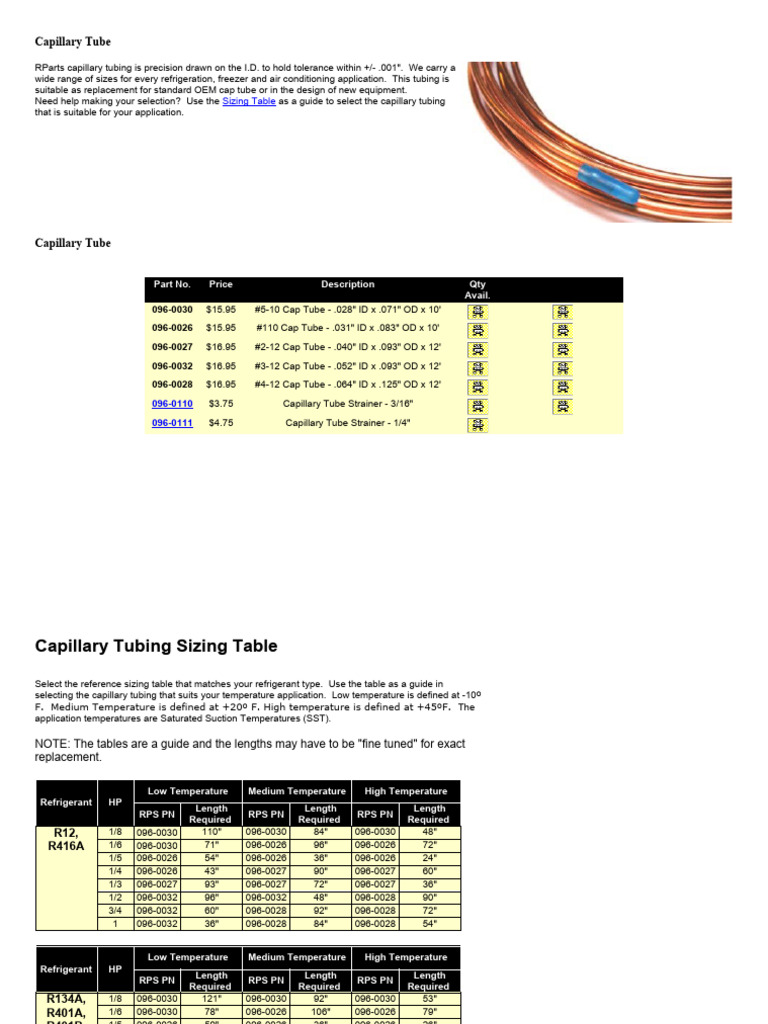 Capillary Tubing Sizing Table | PDF | Refrigerator | Pipe (Fluid ...