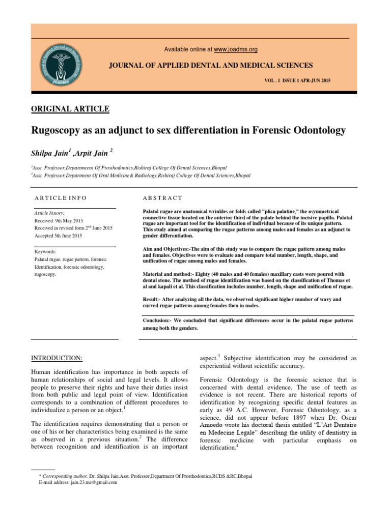 5 Rugoscopy As An Adjunct To Sex Differentiation In Forensic Odontology