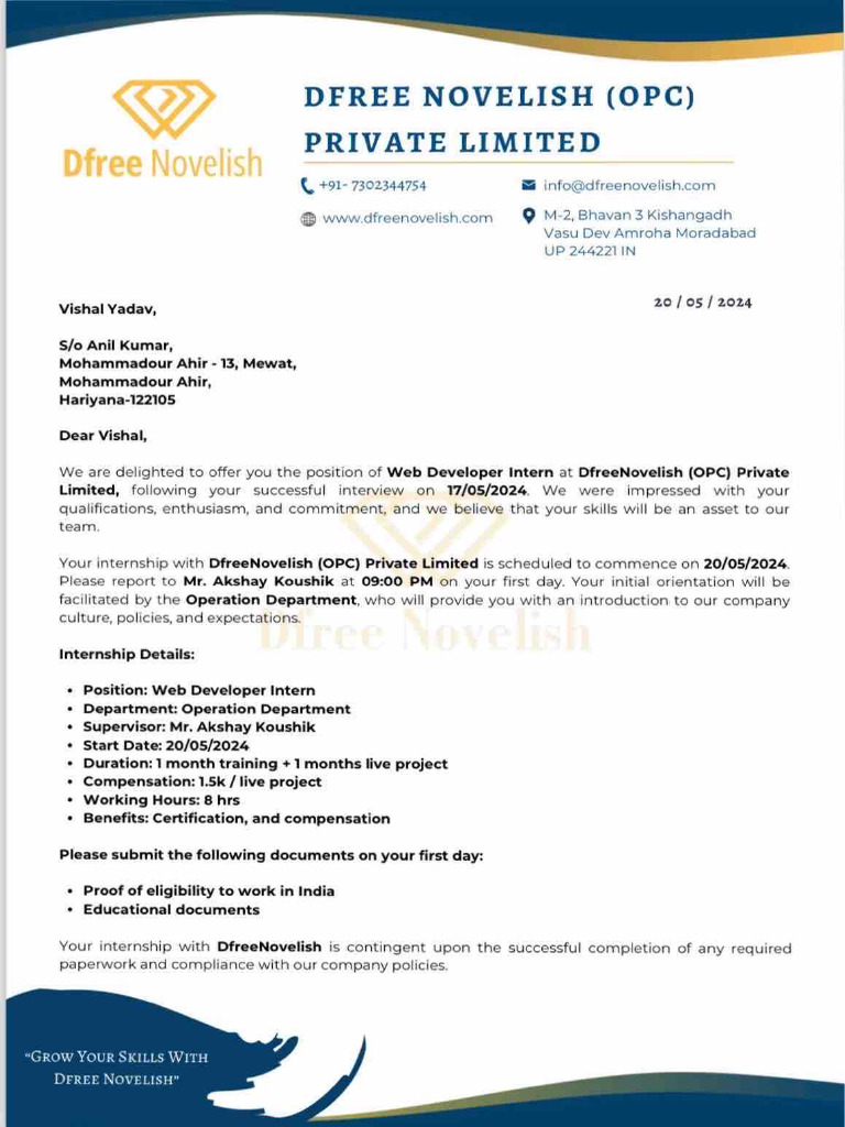 Vishal Offer Letter | PDF