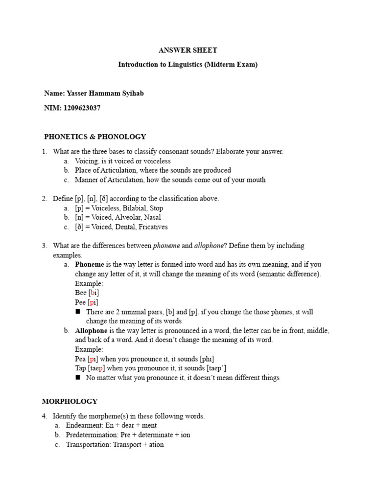 UTS Intro To Linguistics - Answer Sheet | PDF | Word | Phoneme