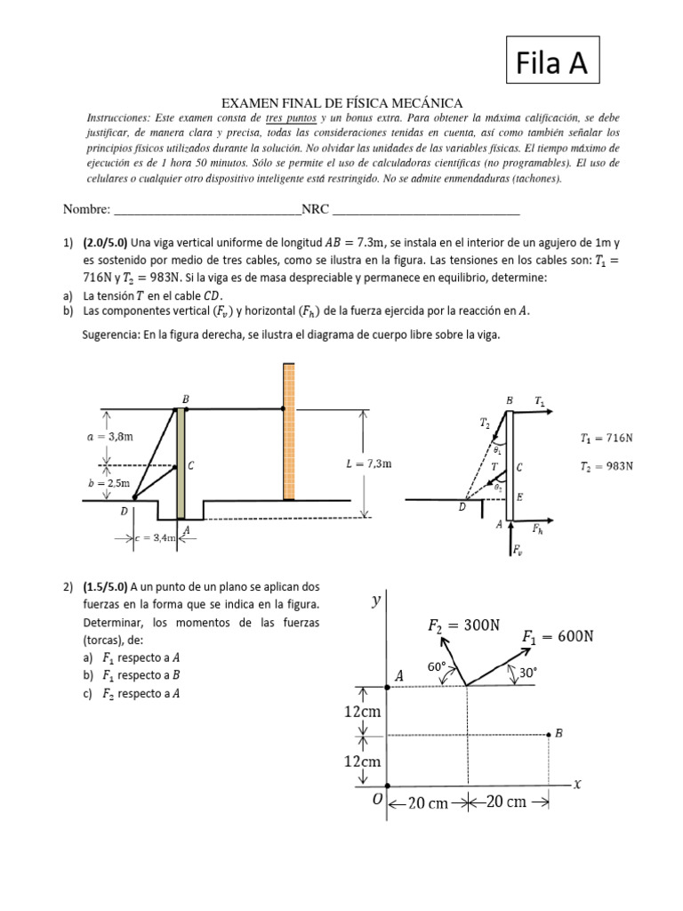 ExFinal-Fisica-Mec-2019-10A | Descargar gratis PDF | Viga (Estructura) | Estrés (Mecánica)