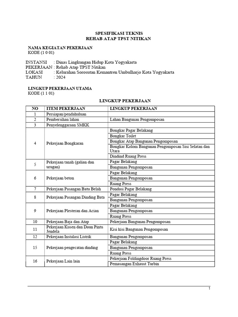 RKS Rehabilitasi Atap TPST NitikanFinalRev1 260324 | PDF