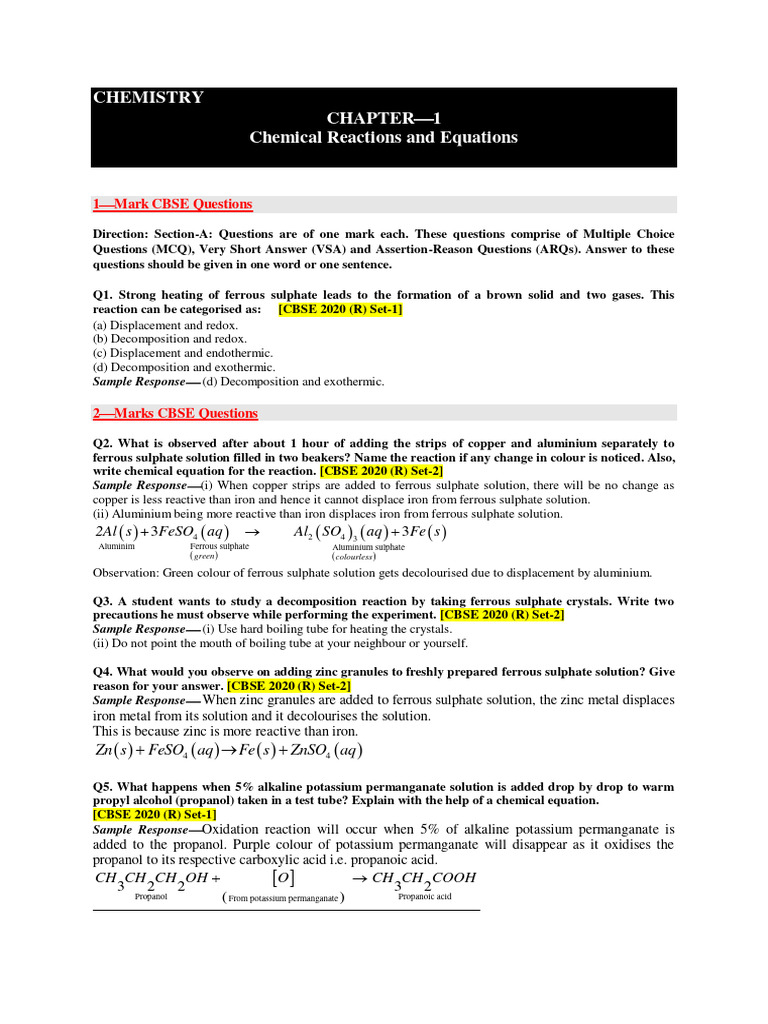Chapter-1 Chemical Reactions and Equations (Chemistry) | PDF | Chemical ...