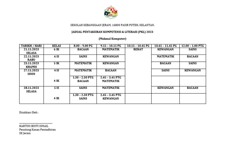 Jadual Pentaksiran PKL SKJ 2023 | PDF