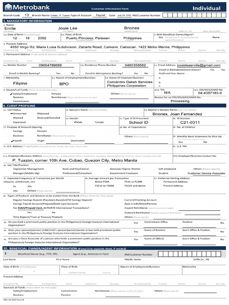 MetroBank Form | PDF