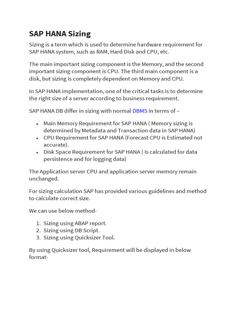 SAP HANA Data Sizing - 3 | PDF