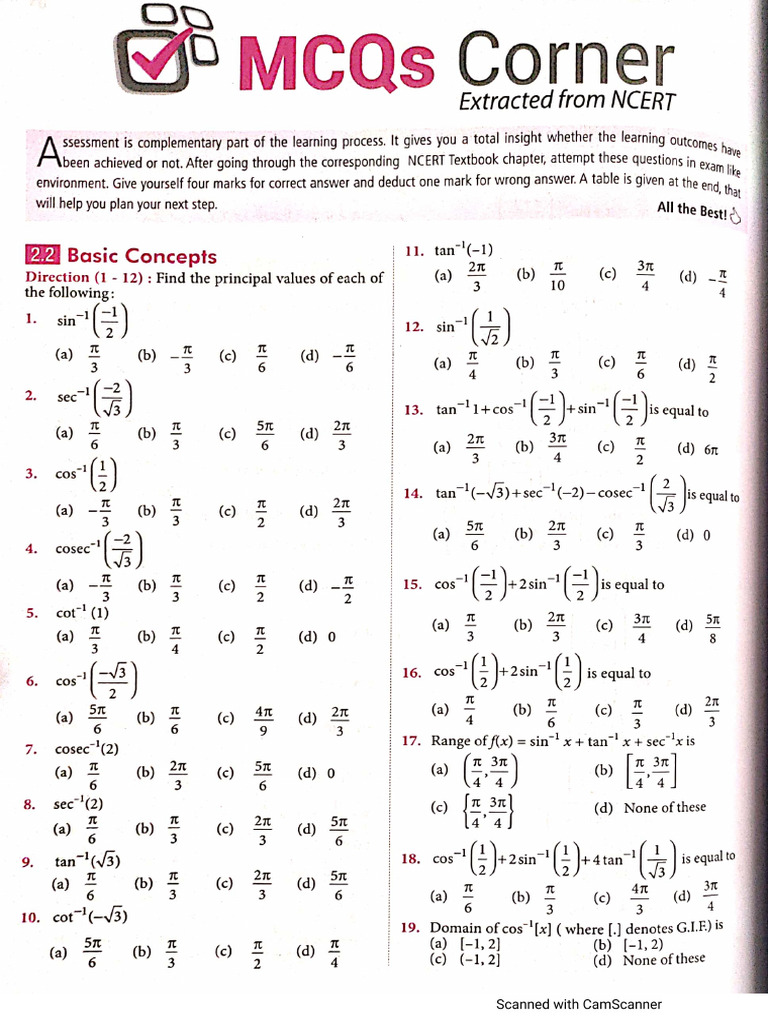 12TH. Maths MCQ CH-2 | PDF
