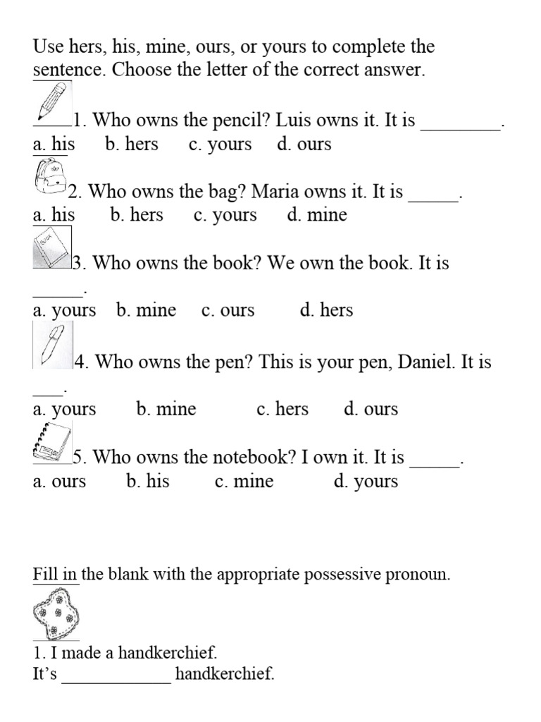 Possessive Pronoun Exercises | PDF | Language Arts & Discipline