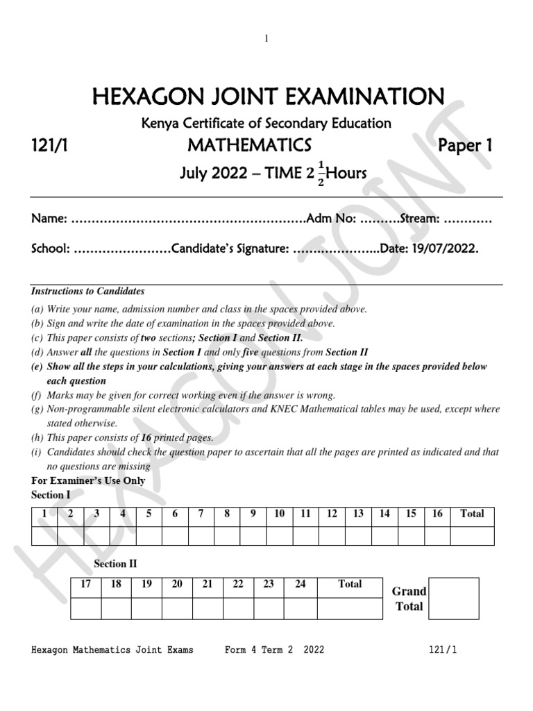 Hexagon Mathematics Joint Paper 1 2022-1 | PDF | Area | Triangle