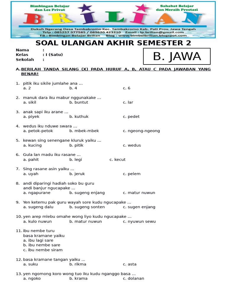 Soal UAS Bahasa Jawa Kelas 1 SD Semester 2 Dan Kunci Jawaban | PDF