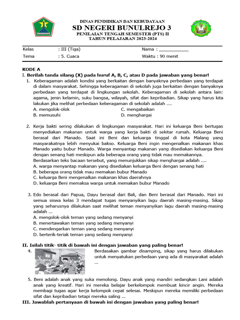Soal Pts Genap Tema 5 Kelas 3 2024 | PDF