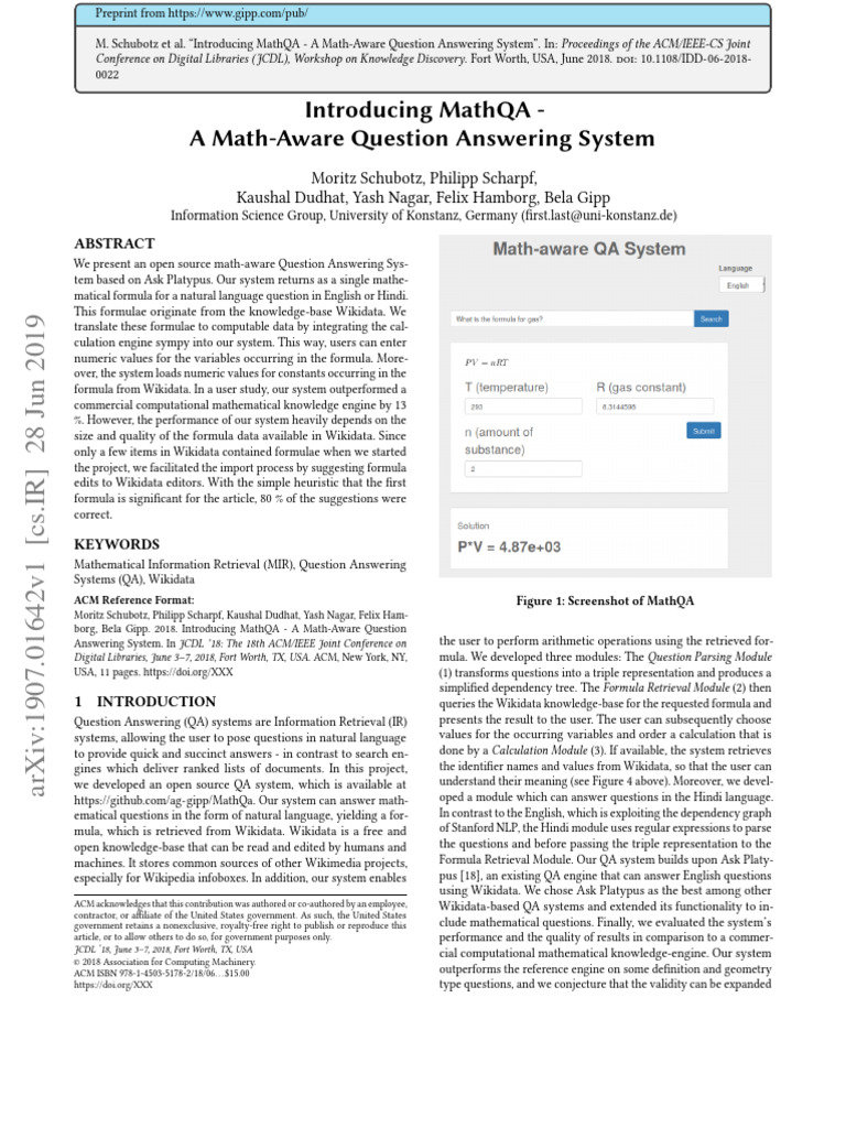 Introducing Mathqa - A Math-Aware Question Answering System | PDF | Wikipedia | Mathematics