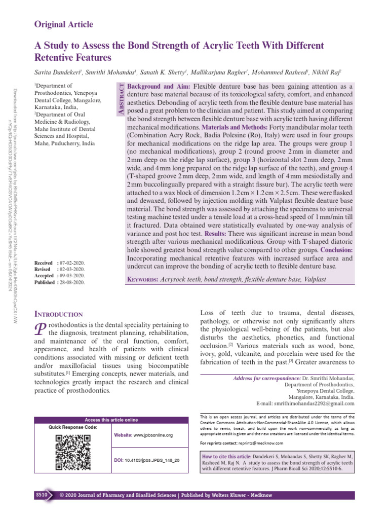 Bond Strength of Acrylic Teeth Modifications | PDF | Dentures | Poly ...