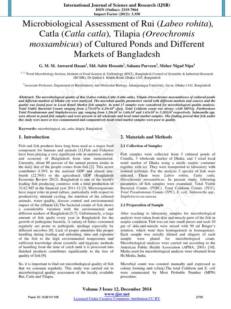 Anwarul Hasan - Microbiological Assessment of Tilapia | PDF | Colony Forming Unit | Microbiology