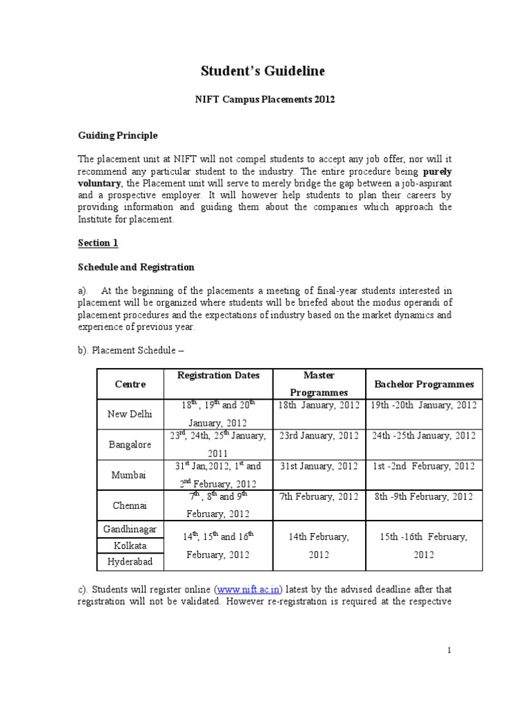 NIFT Campus Placement Guidelines 2012 | PDF