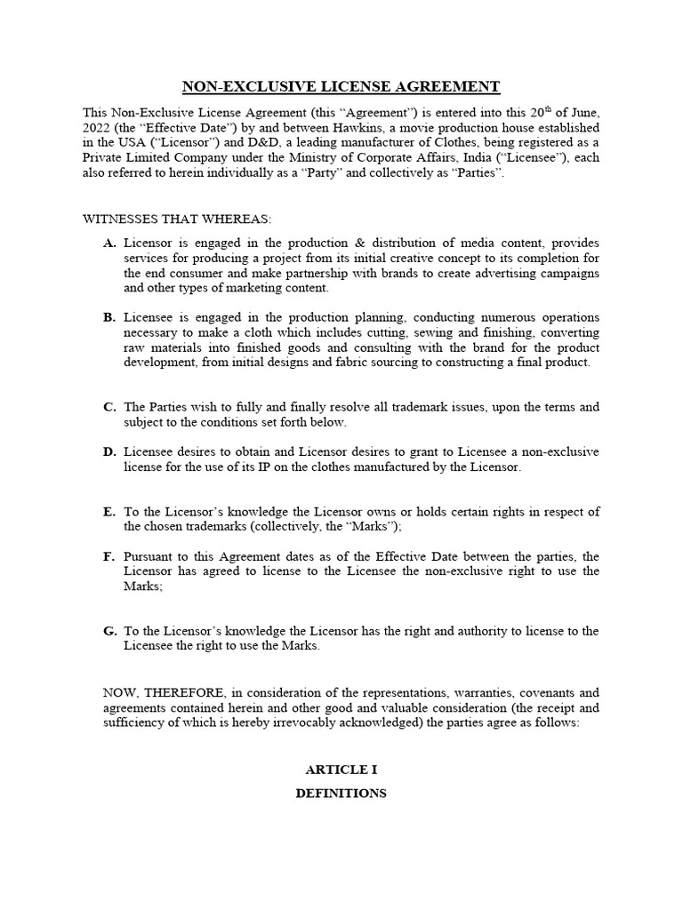 Non-Exclusive License Agreement Overview | PDF | License | Indemnity