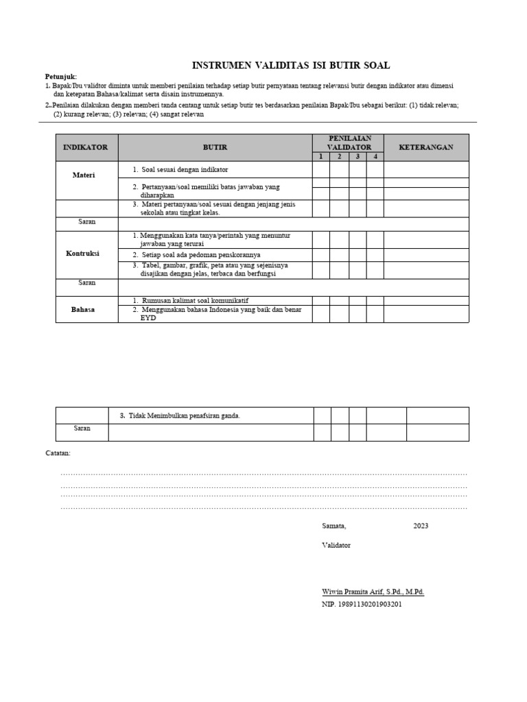 Validasi Instrumen Soal oleh Bu Wiwin | PDF