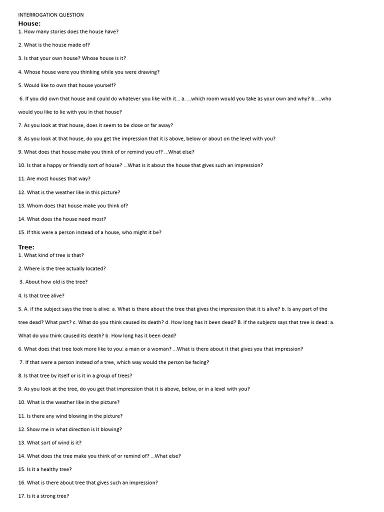 Interrogation Questions for House, Tree, Person | PDF | Career & Growth ...