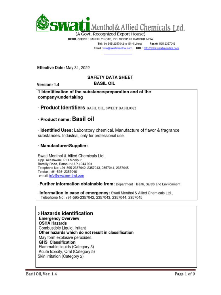 Basil Oil MSDS | PDF | Dangerous Goods | Toxicity