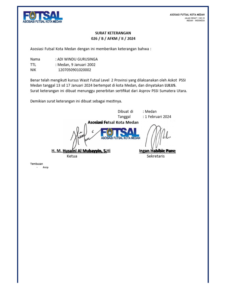 026 - Surat Keterangan Kursus Wasit - Adi Windu | PDF