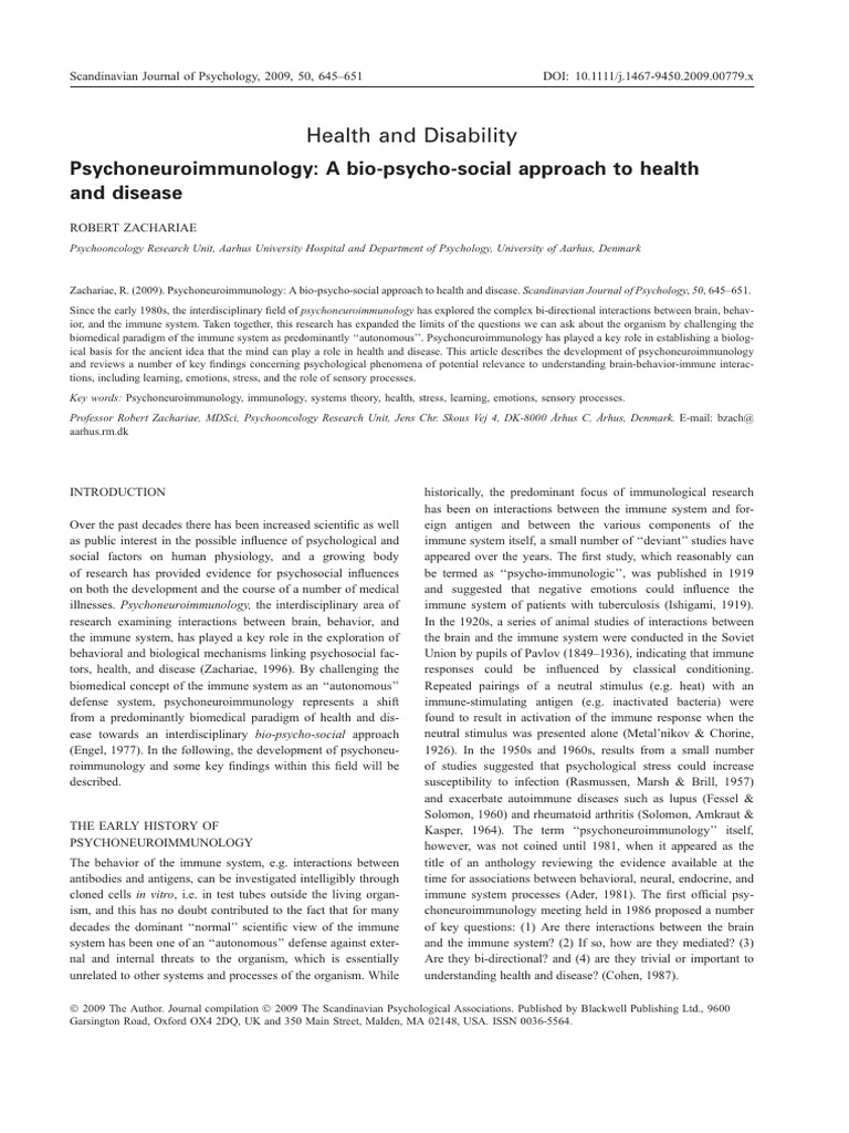 Scandinavian J Psychology - 2009 - ZACHARIAE - Psychoneuroimmunology A Bio Psycho Social ...