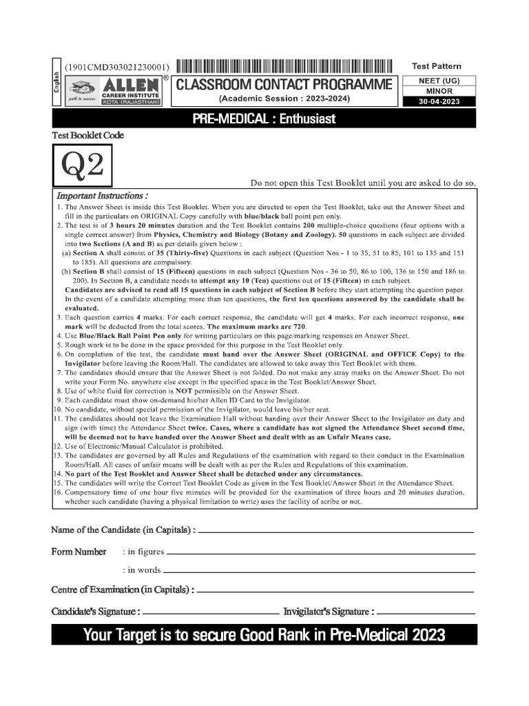 3004 Neet Enthuse Phase-1 1901cmd303021230001 Student | PDF