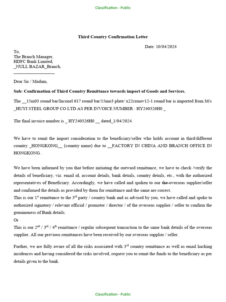 Revised Third Country Confirmation Letter | PDF | Business | Financial ...