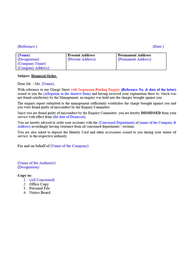 Dismissal Order Template for Employees | PDF | Law