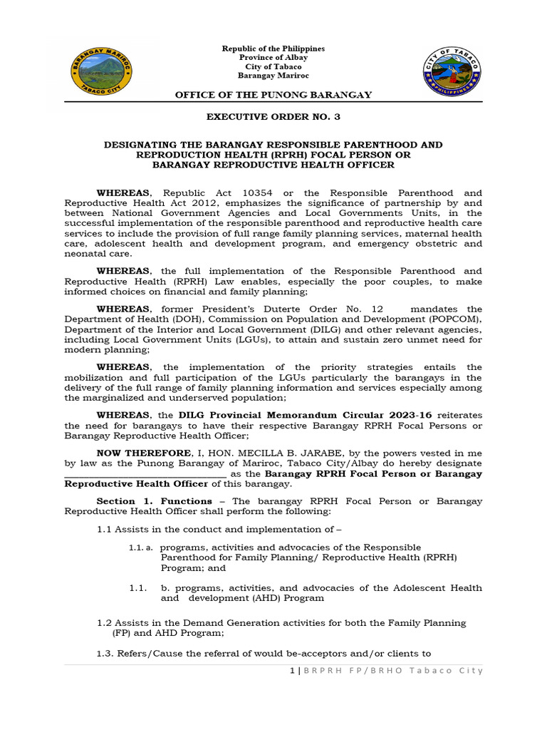 EO BARANGAY RPRH Focal Person | PDF | Health Policy | Health Economics