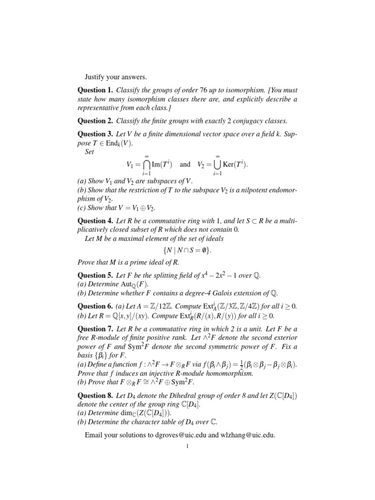 2020 Spring Algebra Prelim | PDF | Teaching Methods & Materials