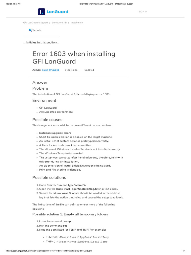 Error 1603 When Installing GFI LanGuard - GFI LanGuard Support | PDF | Installation (Computer ...