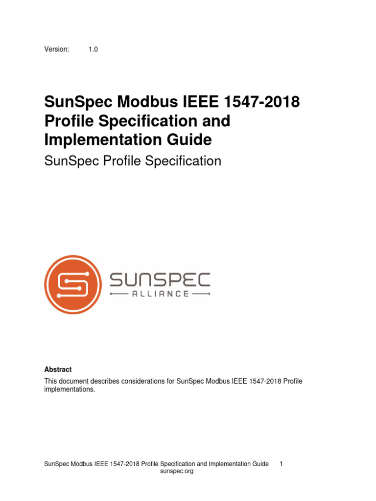 SunSpec Modbus IEEE 1547 2018 Profile Specification and Implementation Guide v1 0 | PDF ...