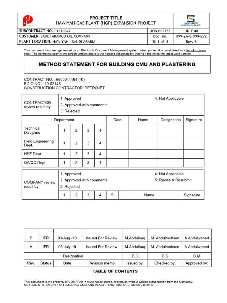 Hawiyah Method Statement For Cmu Rev B | PDF | Masonry | Concrete