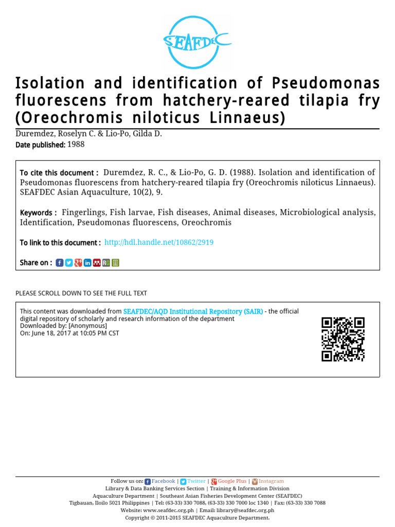 Duremdez - Isolation and Identification of Pseudomonas From Tilapia Fry ...