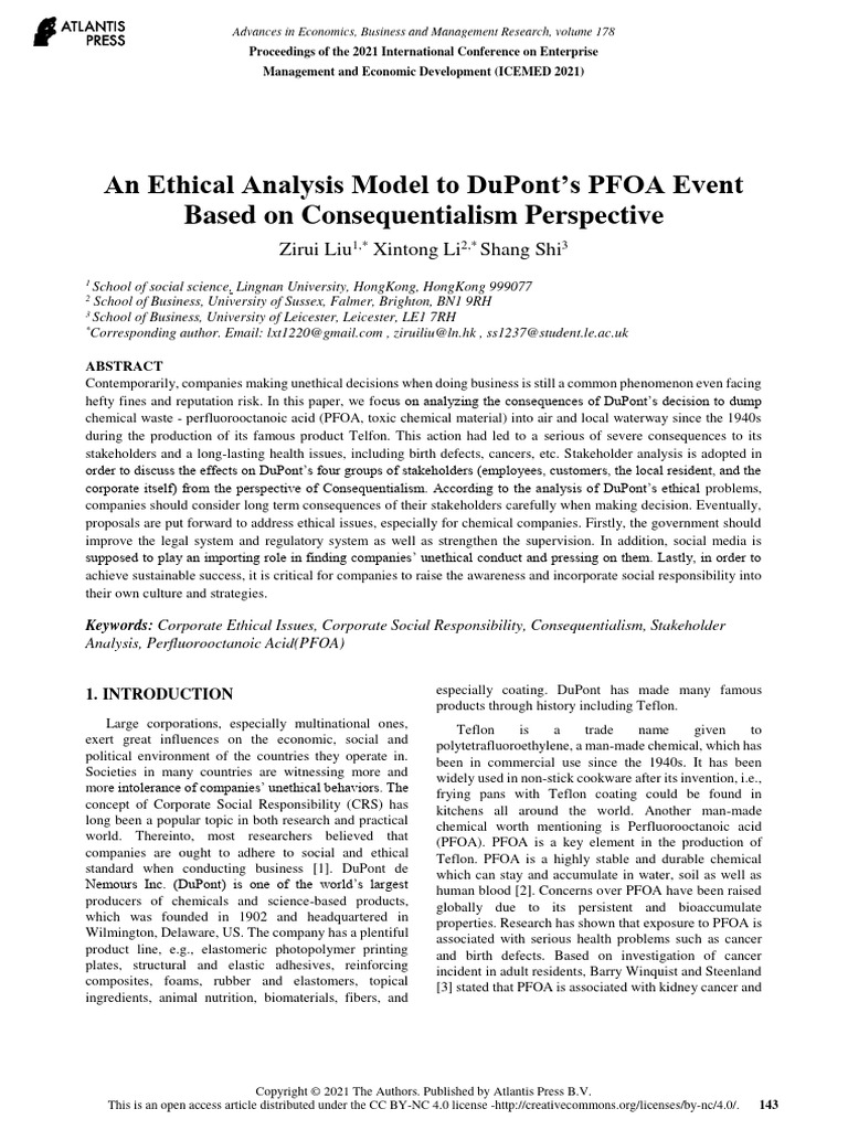 An Ethical Analysis Model To DuPonts PFOA Event B | PDF | Du Pont ...