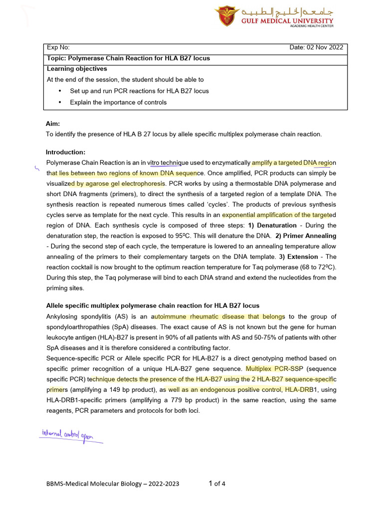 PCR Techniques for HLA B27 Detection | PDF | Polymerase Chain Reaction ...