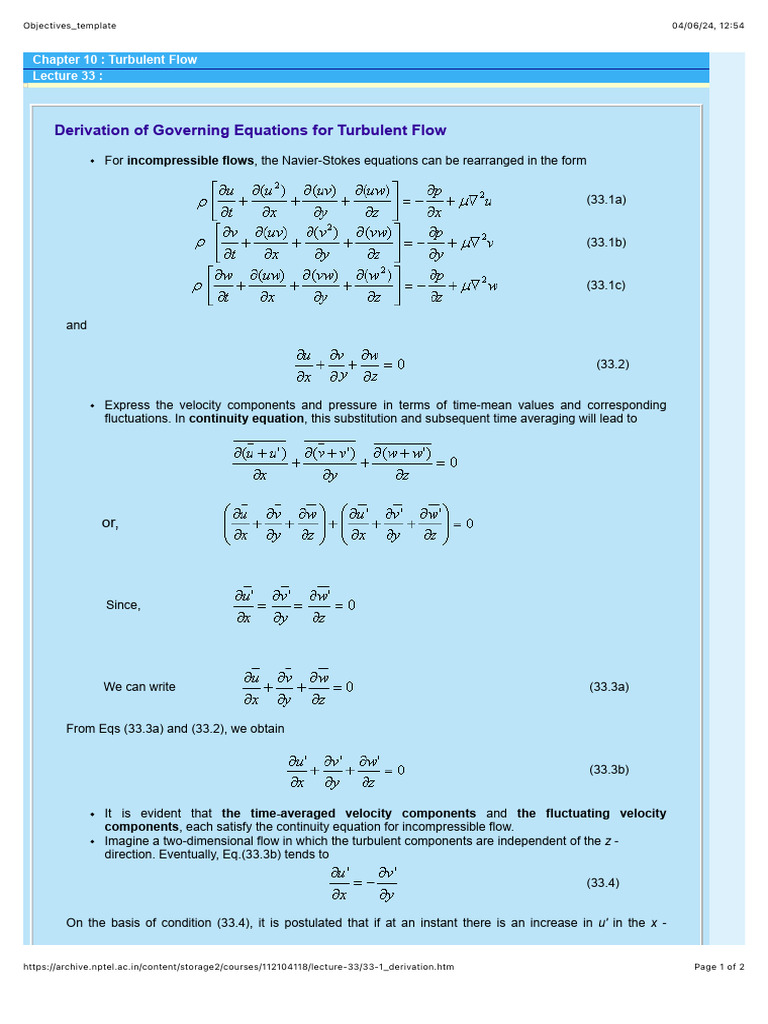 Time-Averaged Equations For Turbulent Flow | PDF | Fluid Dynamics ...