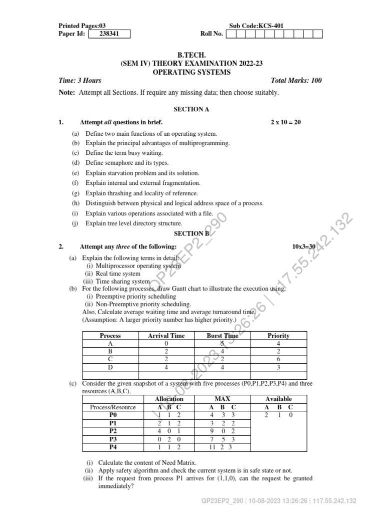 B.Tech Operating Systems Exam 2022-23 | PDF | Scheduling (Computing ...