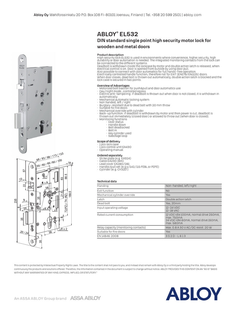 ABLOY EL532 Data Sheet 1 | PDF | Door | Electrical Engineering