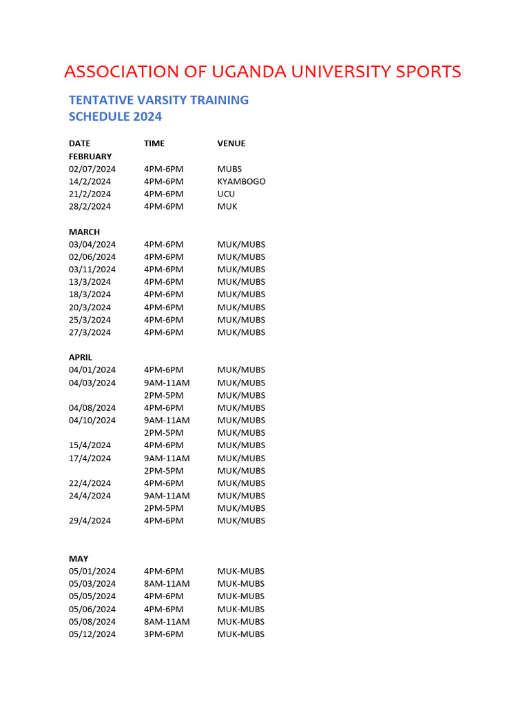 Tentative Varsity Training Schedule 2024 | PDF