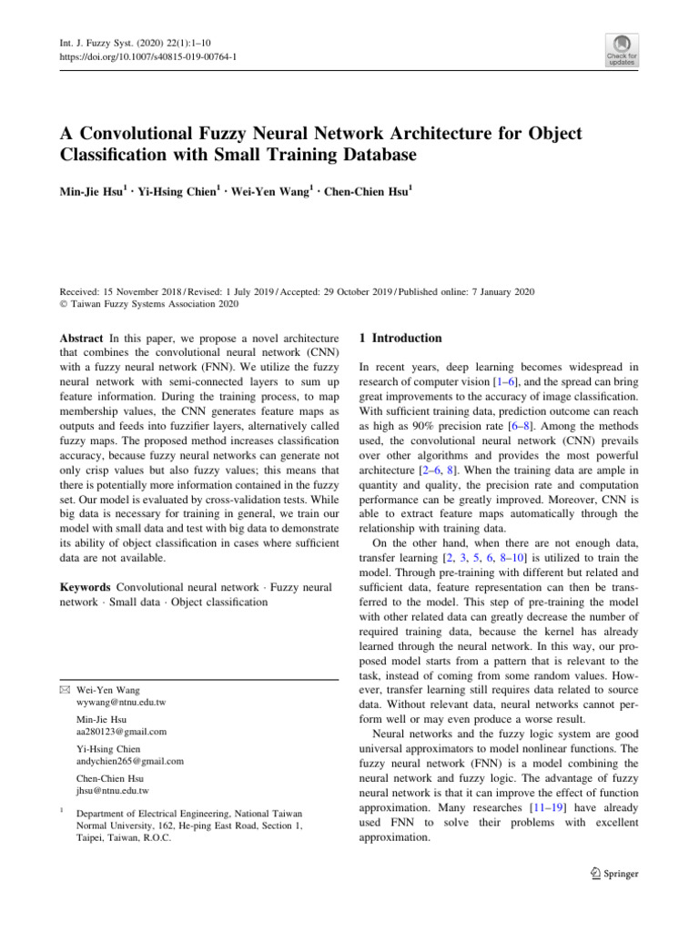 A Convolutional Fuzzy Neural Network Architecture For Object Classification With Small Training