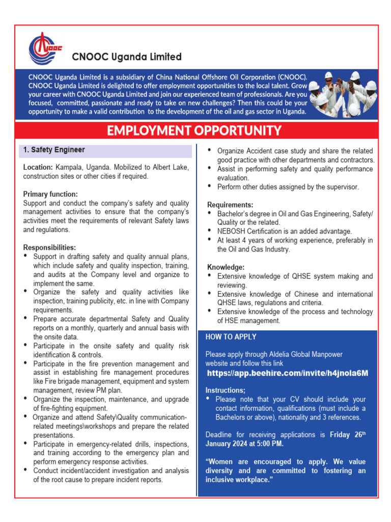 Safety Engineer Job Opening in Uganda | PDF | Safety | Business