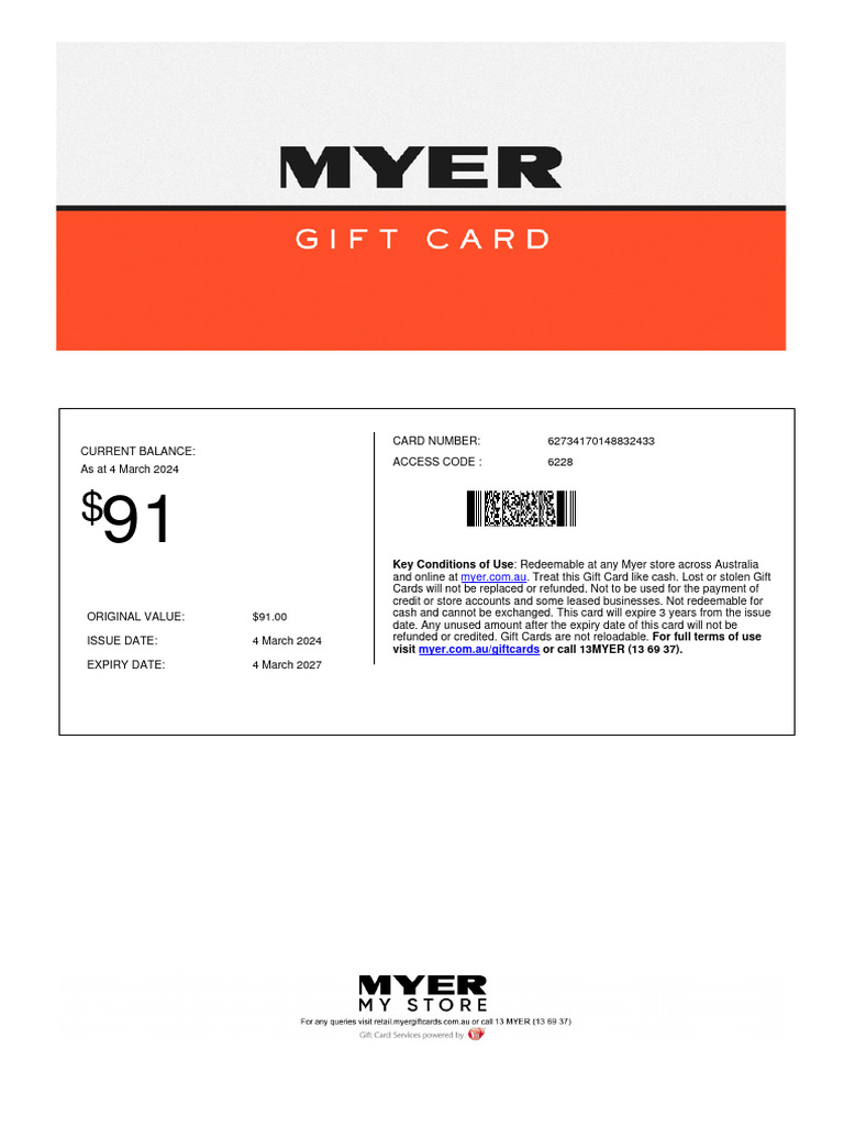Key Conditions of Use: Redeemable at Any Myer Store Across Australia ...