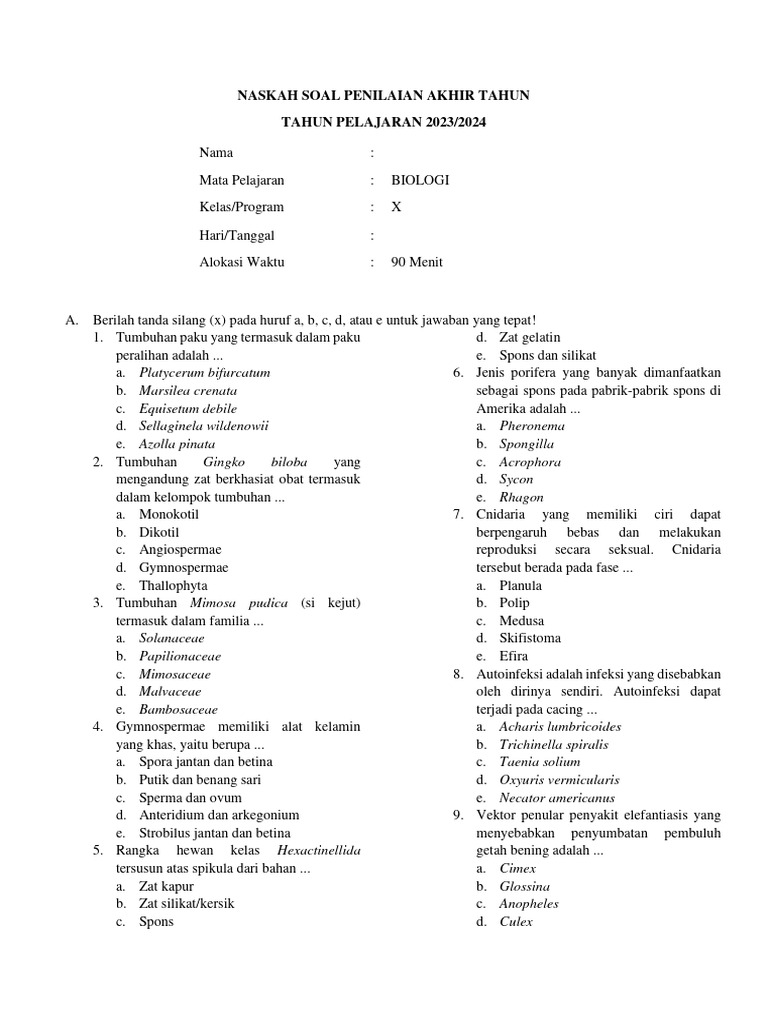Naskah Soal Pat Biologi X | PDF