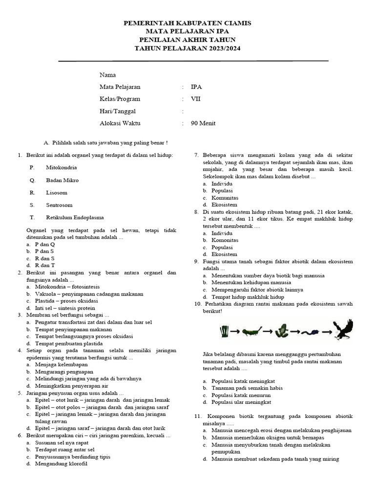 Soal IPA Kelas VII: Ekosistem & Lingkungan | PDF