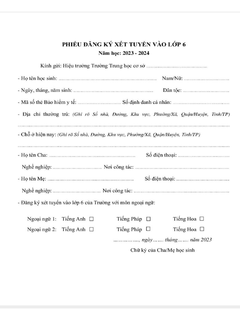Phieu Dang Ky Xet Tuyen Lop 6 Pdf